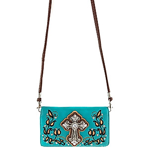 Justin West Western Floral Rhinestone Side Pocket Cross Slim Handle Handbag Purse Tote and Strap Wallet (Turquoise Wallet Only)