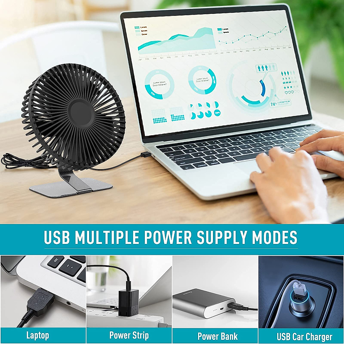 xasla 6'' USB Desk Fan, 4 Speeds Small Desk Fan, Ultra Quiet Electric Plug In, 90° Adjustment, Strong Wind, USB Powered, Portable Desktop Table Fan for Home Office