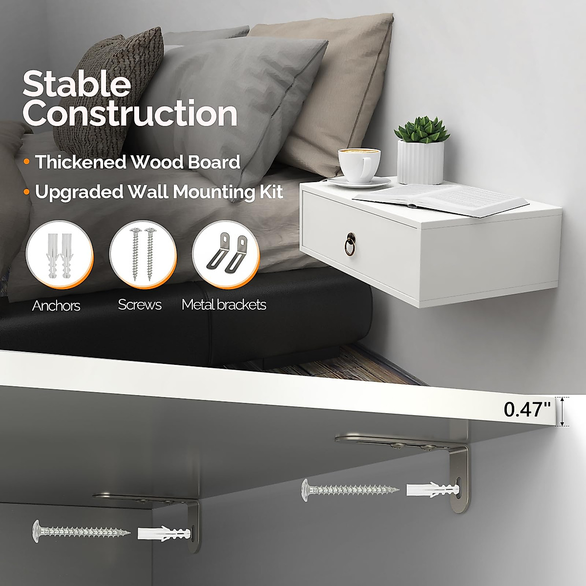 VINGLI Floating Nightstand with Drawer Set of 2, Floating Bedside Table, Wall Mounted Nightstand, Hanging Nightstand White for Bedroom, Floating Wood Night Stand/Side Table, Floating Nightstands