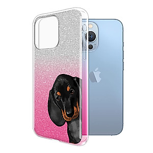 FINCIBO Shiny Sparkling Silver Pink Gradient 2 Tone Glitter TPU Protector Case Cover Compatible with Apple iPhone 13 Pro 6.1 inch 2021 - Dachshund Puppy Dog Hide and Seek