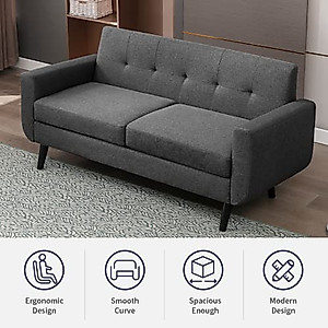 ZAFLY 68" Futon Sofa Modern Love Seat Sofa Button Tufted Upholstered Loveseat Couch Furniture with 5.9" Upholstered Cushion for Living Room Bedroom Office Apartment, 2-Seat (Dark Gray)