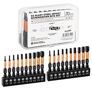 GRENPRO Impact Hex Head Allen Wrench Drill Bit Set 20pcs (Metric&SAE), 1/4" Impact Hex Shank S2 Steel Hex Bit Set, Allen Key Drill Screwdriver Bit Set With Magnetism&2” Long With Storage Box.