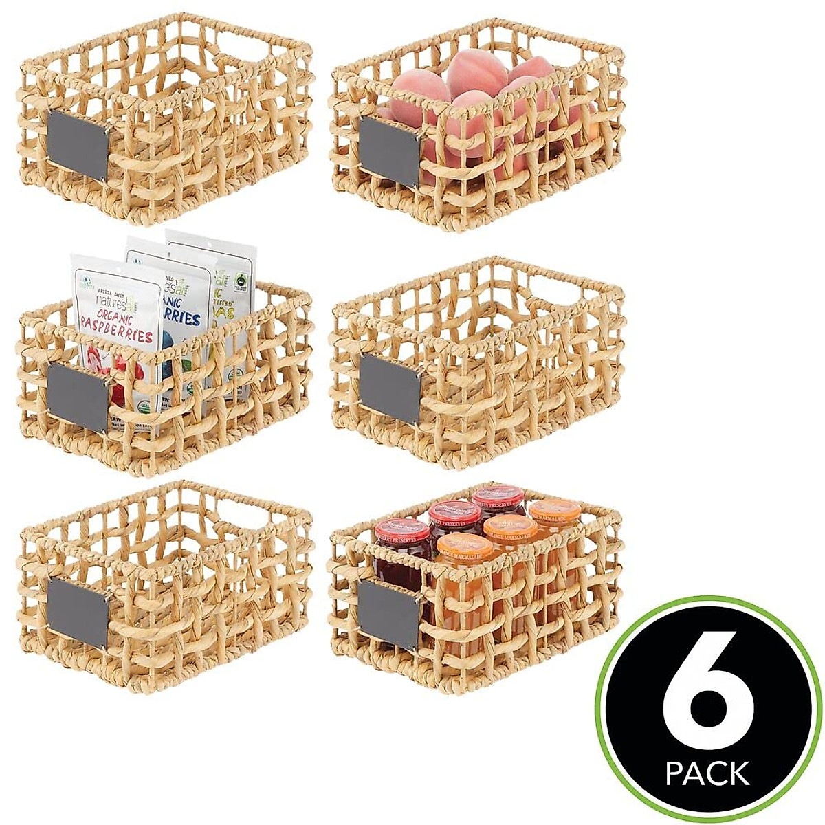 mDesign Water Hyacinth Open Weave Household Basket with Built-in Chalkboard Label for Storage in Bedroom, Bathroom, Office - Hold Clothes, Blankets, Linens, Accessories - 6 Pack - Natural/Tan