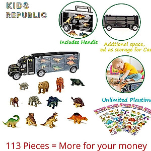 KIDS REPUBLIC, Official Dinosaur Truck Carrier – 6 Toy Dinosaurs Play set -– 6 Wild Animals -Dinosaur Stickers Dinosaur Toys Set for Toddler – Monster Trucks for Boys for 3, 4, 5, 6, 7 Years Old