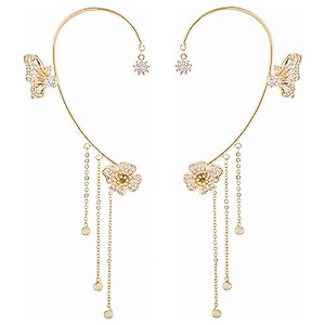 Butterfly Tassel Style Zircon Earrings Shiny Ear Cuff Earrings for Women Non Piercing Butterfly Flower Tassel Wrap-Around Clip-On Earrings Crystals Earrings Set for Women 2pcs/set (Gold)