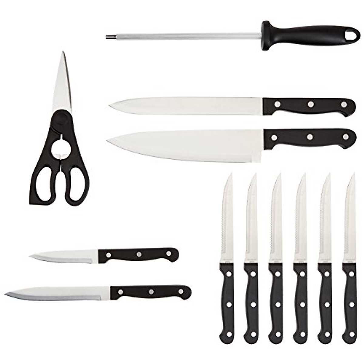 Amazon Basics Non-Stick Cookware Set, Pots, Pans and Utensils - 15-Piece Set & 14-Piece Kitchen Knife Set with High-Carbon Stainless-Steel Blades and Pine Wood Block