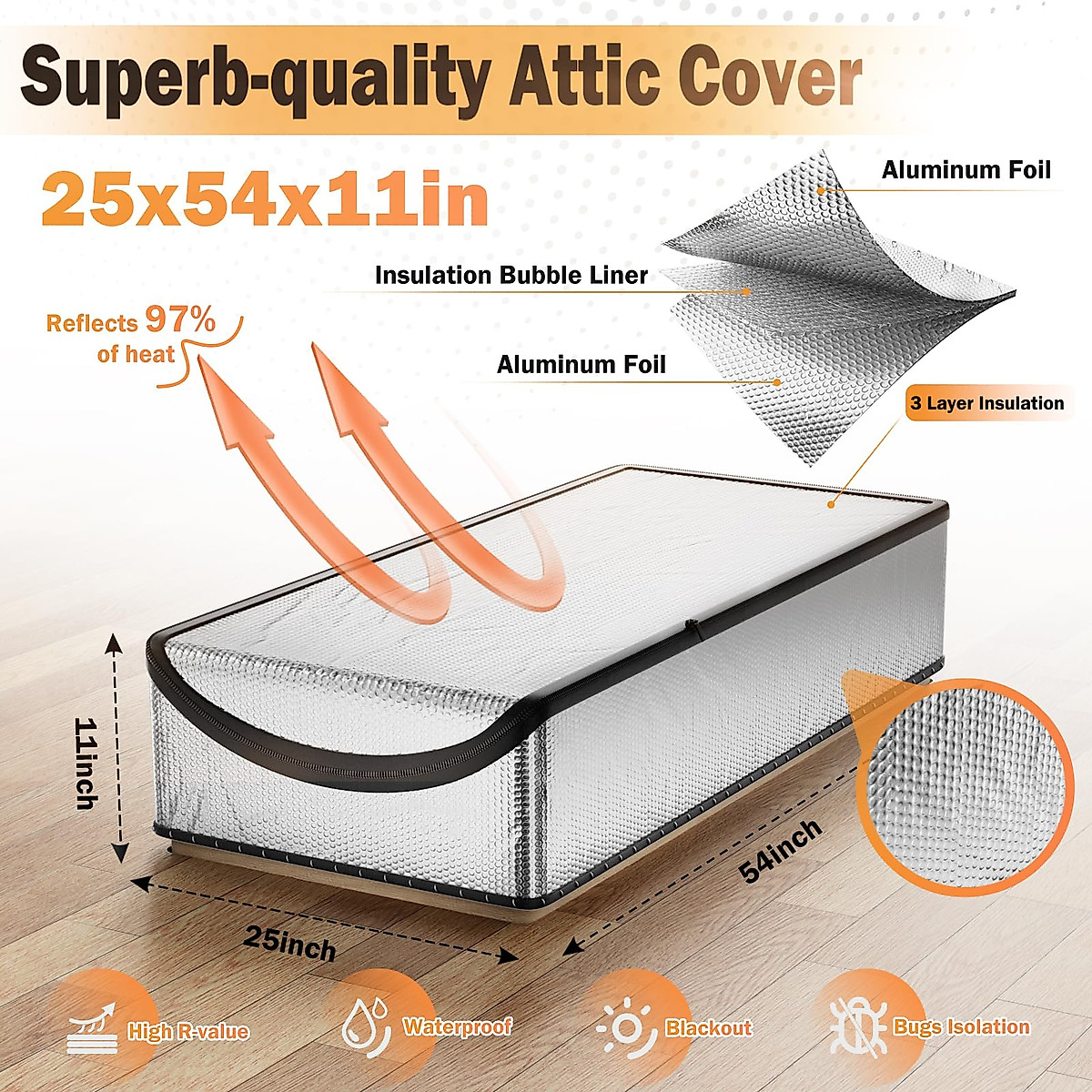 Angooni Attic Stairs Insulation Cover, 25 in x 54 in x 11in Thick & Robust Attic Ladder Insulation Cover - Attic Stairway Insulation Cover, Attic Door Insulation Cover with Zipper, No Leaking
