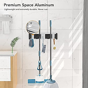 KINGTOP Broom Mop Holder Wall Mount Sturdy Space Aluminum Broom Organizer Rack with Hooks Great for Home Pantry, Kitchen, Garden,Garage & Laundry Tool Storage (2 Racks 3 Hooks Black)