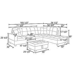 Ponliving Furniture Modern L-Shaped Leather Sectional Sofa (White, Right Hand Facing)
