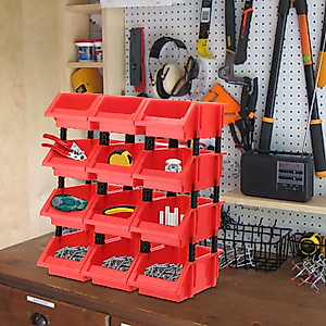 HOIGON 12 Pack Red Garage Storage Tool Bin, 7.09 x 4.72 x 3.15 Inch Plastic Hanging Stacking Stackable Organizer Storage Rack for Hardware Tools Organization, Workshop, Small Parts