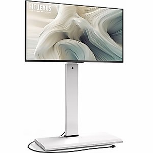 FITUEYES Floor TV Stand with Power Outlet for 26-65 Inch TVs, Swivel TV Stand with Mount Height Adjustable with Iron Base, TV Stand for Bedroom, Living Room Hold Up to 88 lbs, White