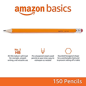 Amazon Basics Woodcased #2 Pencils, Pre-sharpened, HB Lead - Box of 150, Bulk Box