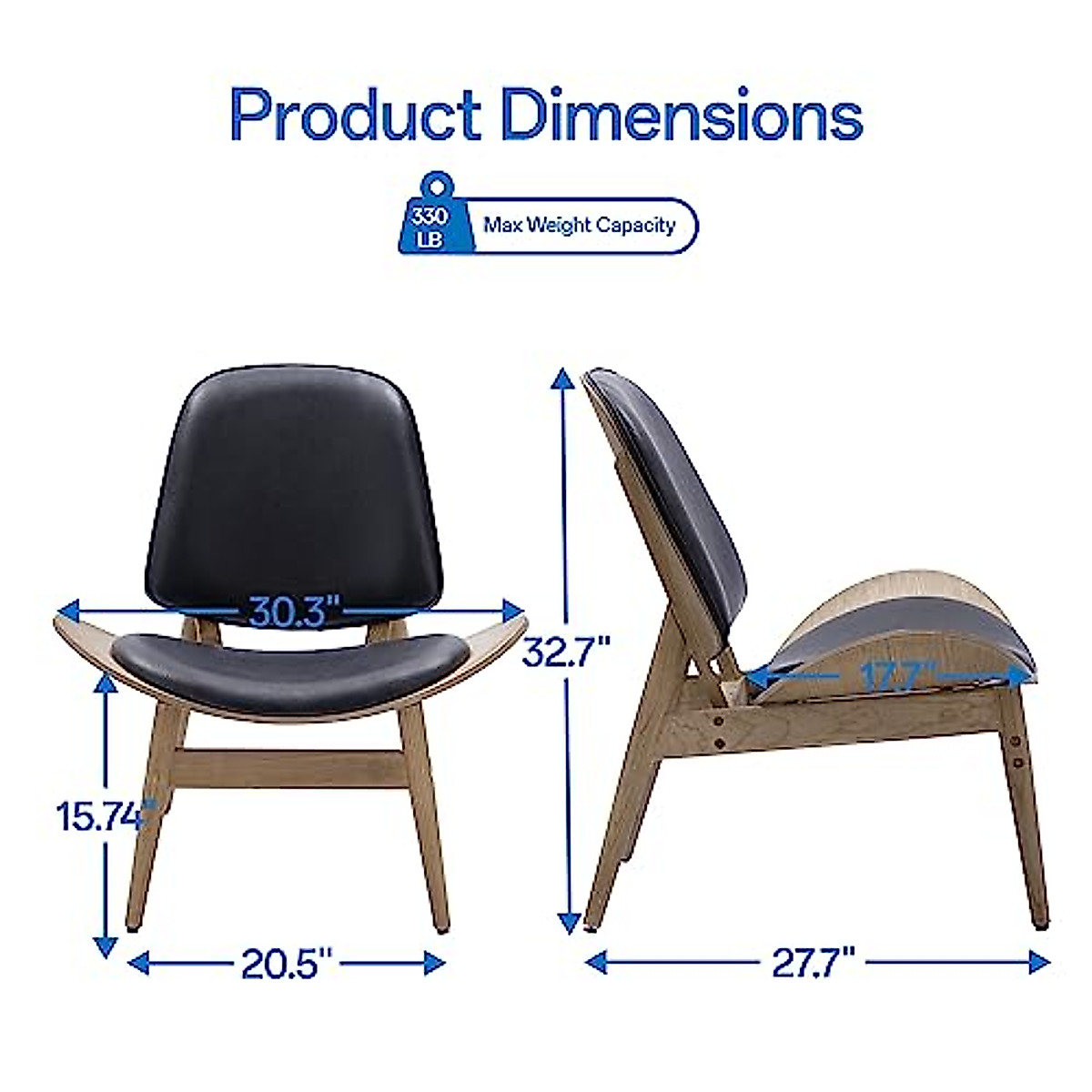 XINNAN Mid Century Modern Shell Lounge Chair, Faux Leather, Scandinavian Furniture Tripod Plywood Classic Design Solid Wood Accent Chairs for Living Room, Reading, Lounge, Office, Salon (Black)