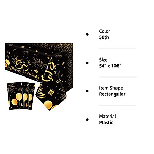 Remagr 3 Pack 50th Happy Birthday Tablecloth Disposable Plastic Table Cover Rectangular Black and Gold Cloths for Parties Decoration Supply Men Women Birthday, 54 x 108 Inch(50th), 54'' 108''