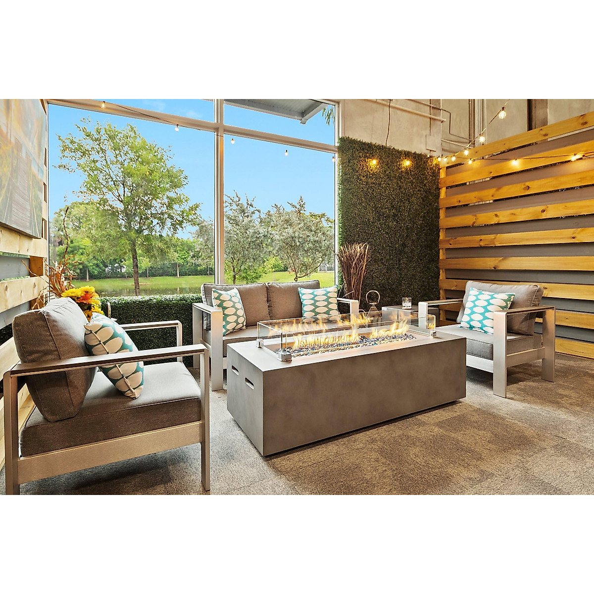 60" Rectangular Modern Concrete Fire Pit Table w/Glass Guard and Crystals (Gray)