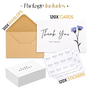 120 Pack Thank You Cards with Envelopes & Stickers - Minimalistic Floral Design 4x6 Blank Thank You Cards Bulk Box Set - Large Thank You Notes for Wedding, Small Business, Baby & Bridal Shower (Floral White)