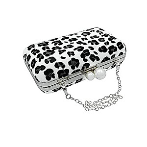 Plush Evening Bag for Women Stylish Leopard Print Handbag Pearl Chain Purse for Party Prom White