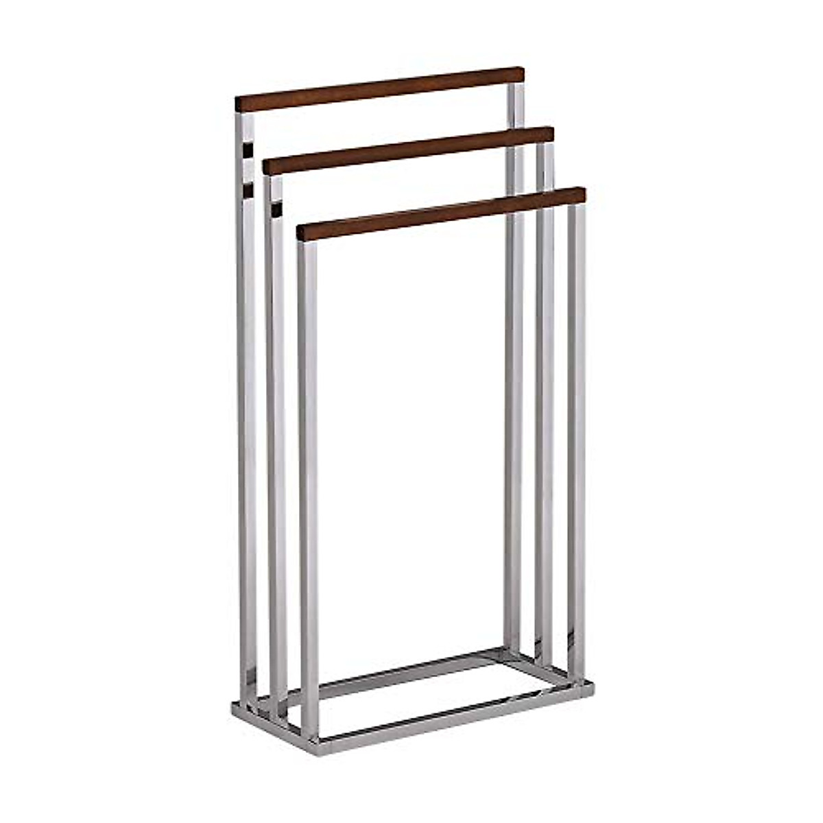 Pilaster Designs Preston Chrome Metal and Walnut Wood Transitional 3 Tier Freestanding Bathroom Towel Rack Organizer