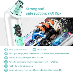 Blackhead Remover Pore Vacuum - Hotsch Blackhead Removal Tool, Pore Cleaner Electric Acne Extractor Kit, LED Display USB Rechargeable with Upgraded Blue Light 4 Replaceable Suction Probes