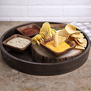 Glaver's Natural Acacia Wooden Bowls Hand-Carved Calabash Dip Tray Bowl S/4 Ideal for Appetizers, Dips, Sauce, Nuts, Candy, Olives, Seeds, Desserts and More. (Square)