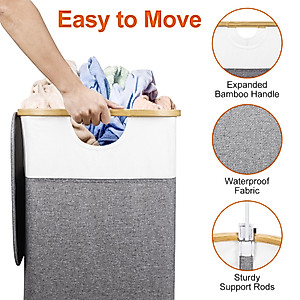 Laundry Hamper with Lid, 150L Large Laundry Basket with Bamboo Handles and Removable Bags, Collapsible Dirty Clothes Hamper, 2 Section Laundry Bin Organizer for Bedroom,Bathroom,Laundry Room, Grey