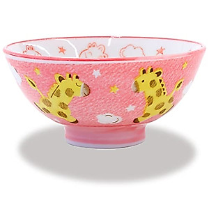 Mino Ware Rice Bowl Set, Kids Rice Bowls, 4.1 inch, Kawaii Cute Giraffe Design, Pink, Japanese Ceramic Bowls, 4.4 oz, Set of 2