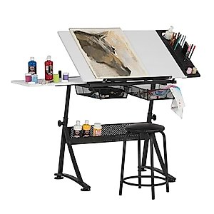 Fusion Drafting Table with Stool, Height Adjustable Desk with Tilt Top, Charcoal / White