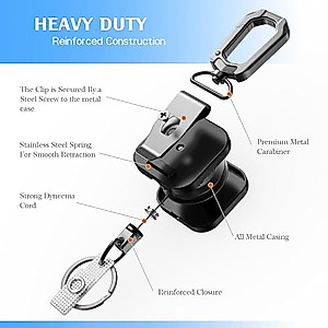 ELV Retractable ID Badge Holder, Heavy Duty Metal Body and Dyneema Cord, Carabiner Key Chain Metal Keychain with Belt Clip and 31 inch Wire Extension, Hold Up to 15 Keys and Tools