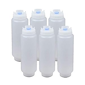 FIFO Squeeze Bottle Refillable 16 oz | Blue Tip Large Valve Dispenser for Thick Condiments, Sauces, Batter and Dressing | Self Sealing No Drip No Hassle | (6 Pack)