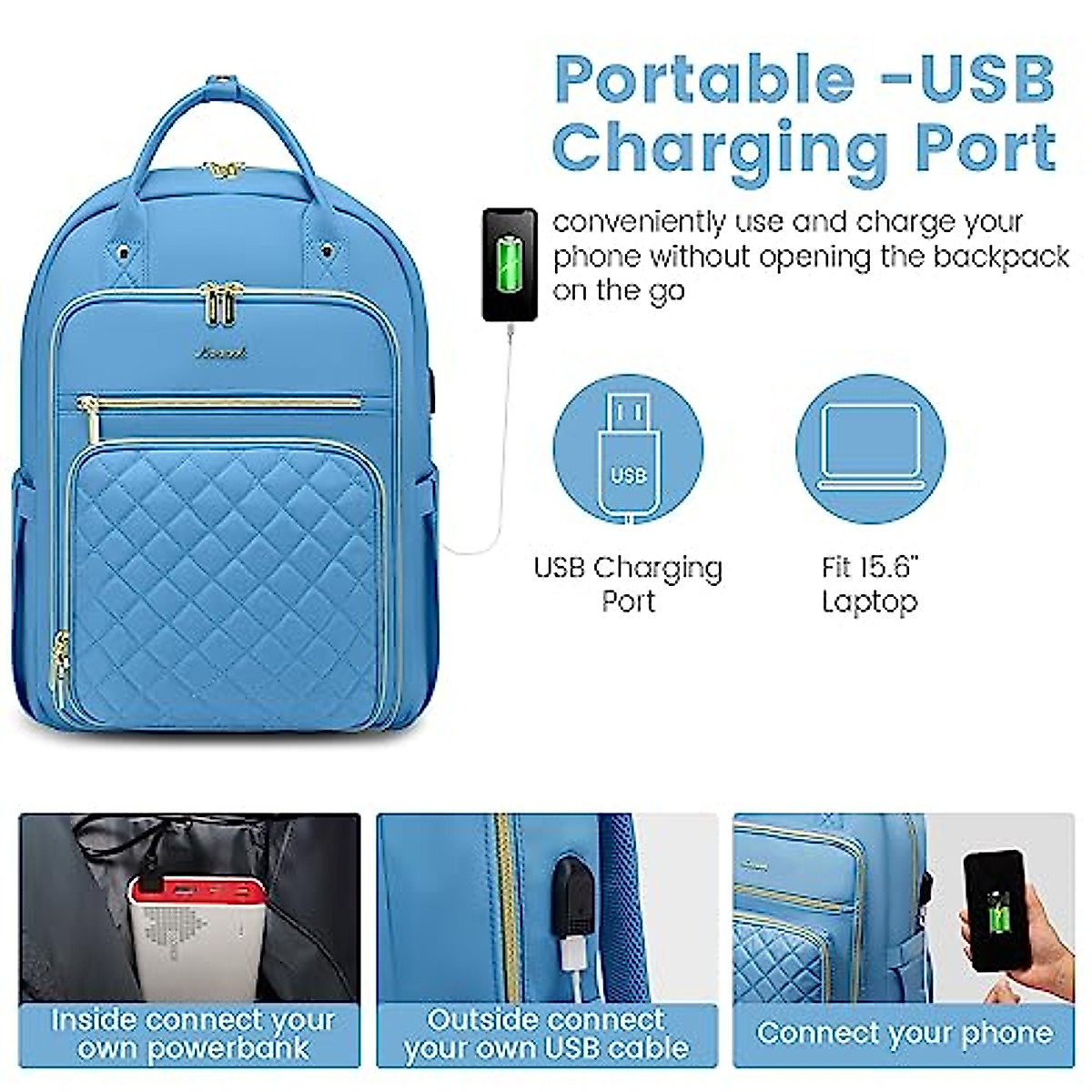 LOVEVOOK Laptop Backpack for Women, 15.6 Inch Computer Backpack for Teacher Nurse with Water Resistant, Lightweight Travel Work Backpack with USB Charging Port, Quilted Commuter Backpack, Angel Blue