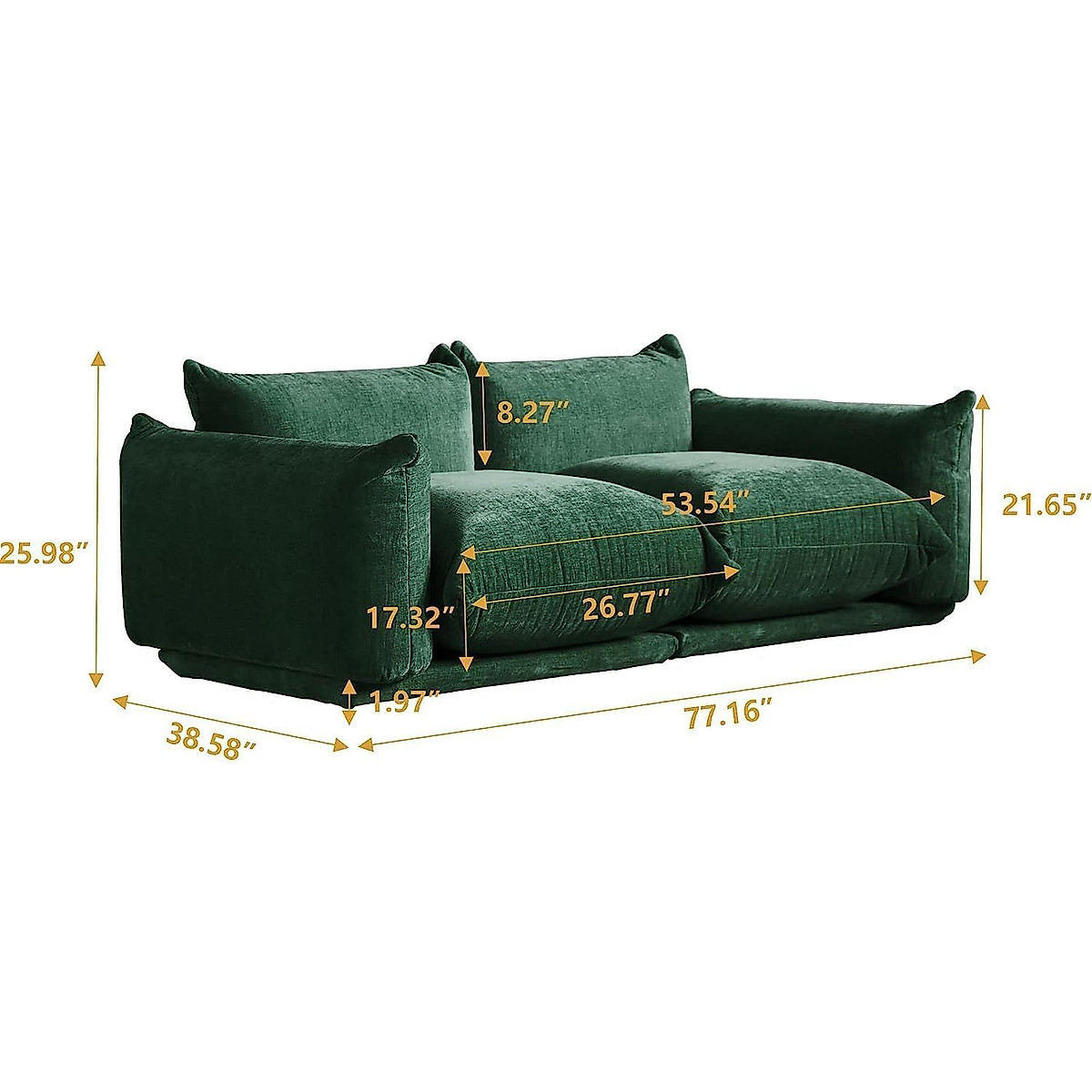 JACH Modern Love Seat Couch, Chenille Couch Deep Love Seat Couches with Thick Cushion, 77" Plush Sofas Furniture for Small Spaces Living Room Bedroom Office Apartment, Green