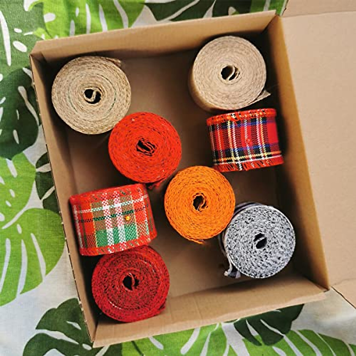 Wired Edge Buffalo Plaid Ribbon and Fabric Burlap Ribbon for DIY Craft Wrapping Christmas Decoration 6.56 Yard (2.36 inch, 8 Rolls)