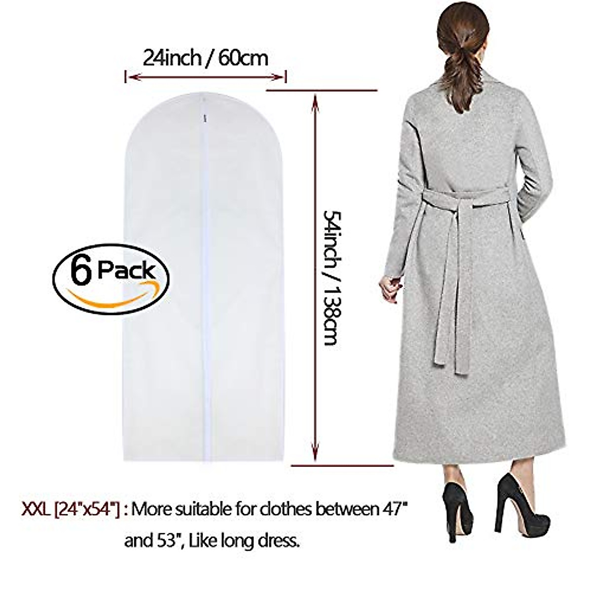 Garment Bag Clear 24'' x 54'' Long Dress Garment Bags White Breathable Full Zipper Dust Cover for Clothes Storage Closet Pack of 6
