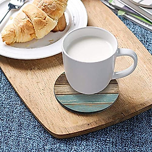 Teal Green Brown Retro Rustic Wood Texture Drinks Coasters, Non-Scratch Cork Base Round Cups Mats for Home Kitchen Bar Decor