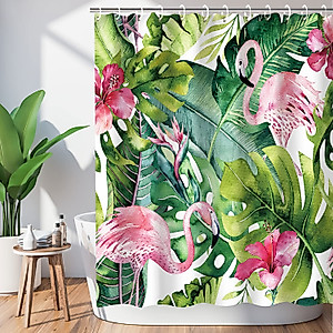 LIVILAN Tropical Shower Curtain, Green Shower Curtain, Flamingo Shower Curtains for Bathroom, Botanical Shower Curtain Set with 12 Hooks, Leaf Bathroom Decor, 72X72 inches