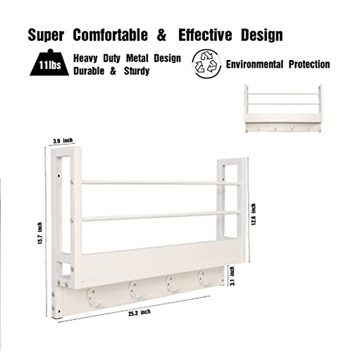 JJS Floating Book Shelf Coat Rack, Wall Mounted Storage Shelves with Coat Hooks Key Holder for Entryway Hallway Bathroom Living Room Bedroom, White, Set of 2