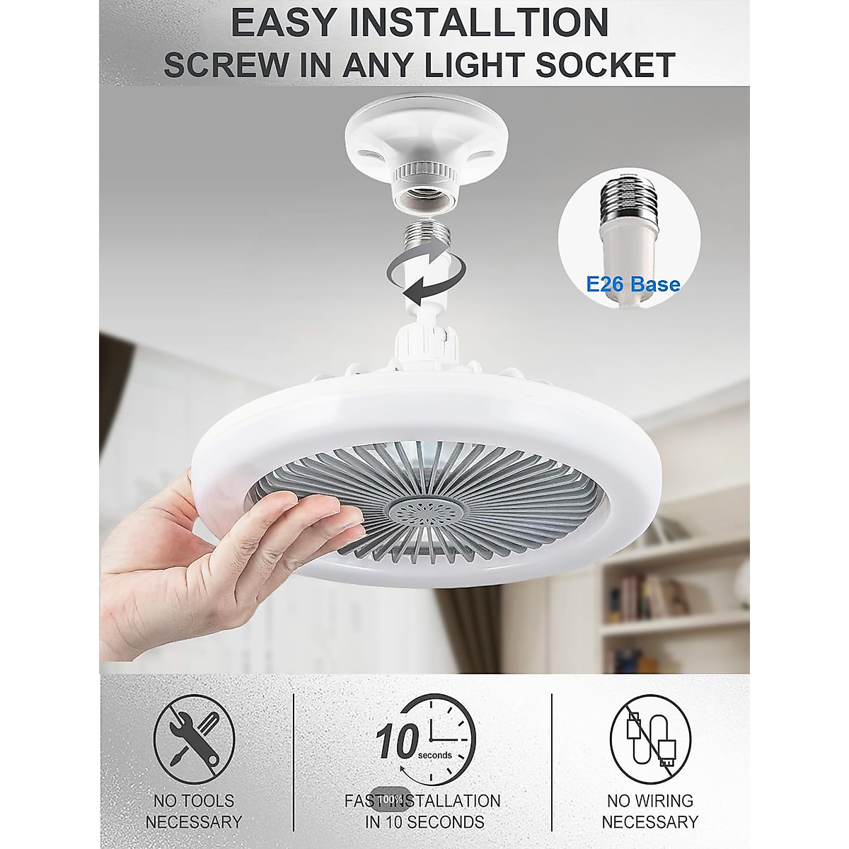 PANLAVIE Enclosed Ceiling Fan with Light and Remote, 10 Inch Screw in Fan Light Mini Bladeless Ceiling Fans, 3 Fan Speeds Dimmable 3 Light Colors for Garage Tool Room Hallway, No Wiring Required