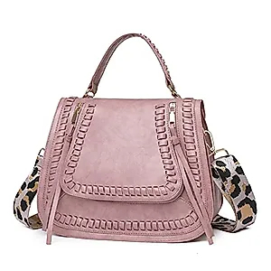 HANDAFA Convertible Satchel Handbag Woven Leopard Shoulder Hnadbag Crossbody With Gituar Strap For Women(Pink)