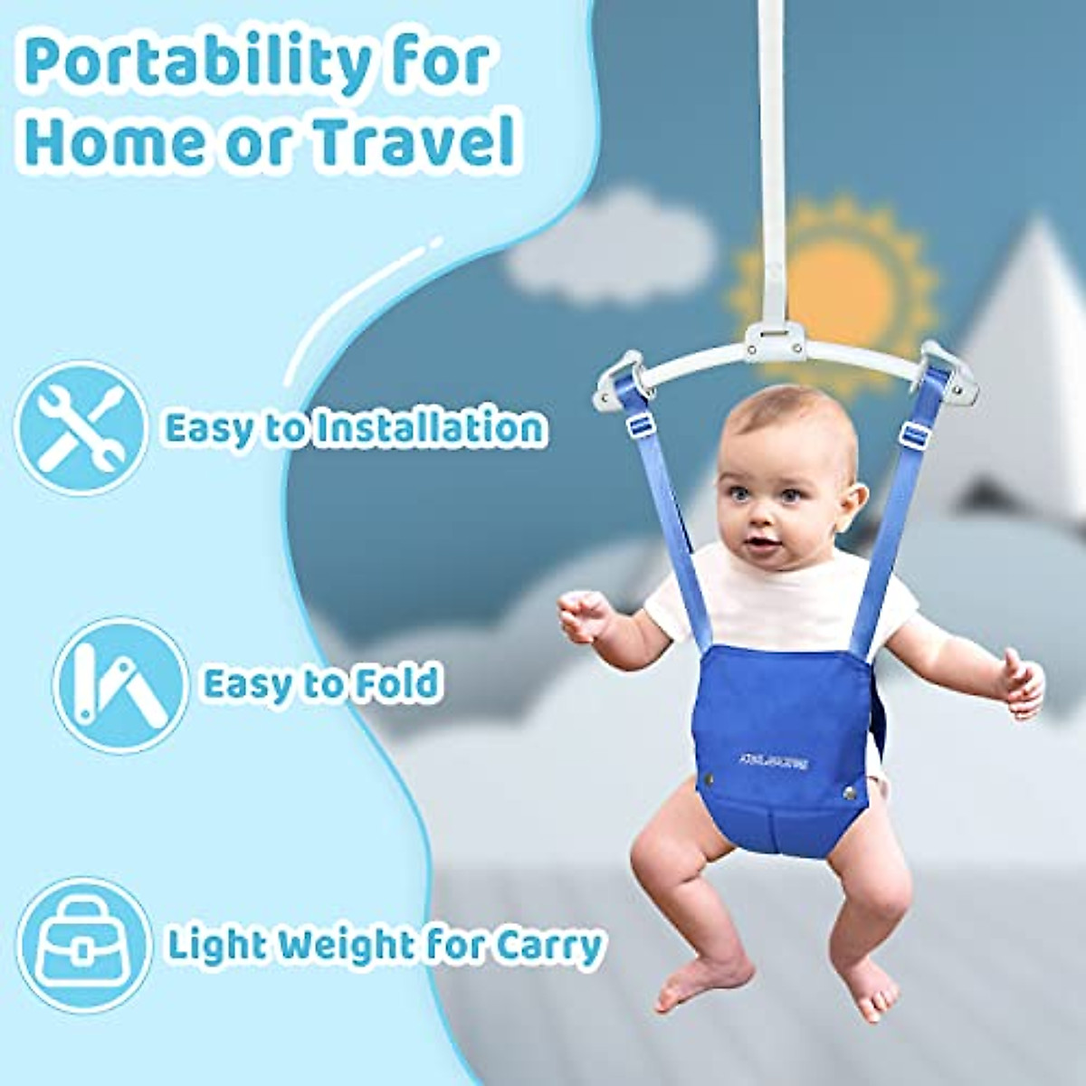 Baby Jumper, Baby Doorway Jumper w/Sturdy Adjustable Strap, Jumper for 6-24 Months Infant with Door Clamp is Portable and Easy to Use(Blue)