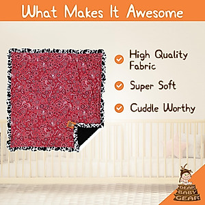 Dear Baby Gear Farm Deluxe Baby Blanket - Reversible, Milestone & Newborn Gifts for Girls and Boys - Red Handkerchief Blanket with Black Dot and Cow Print Ruffle - 33 x 33 Inches