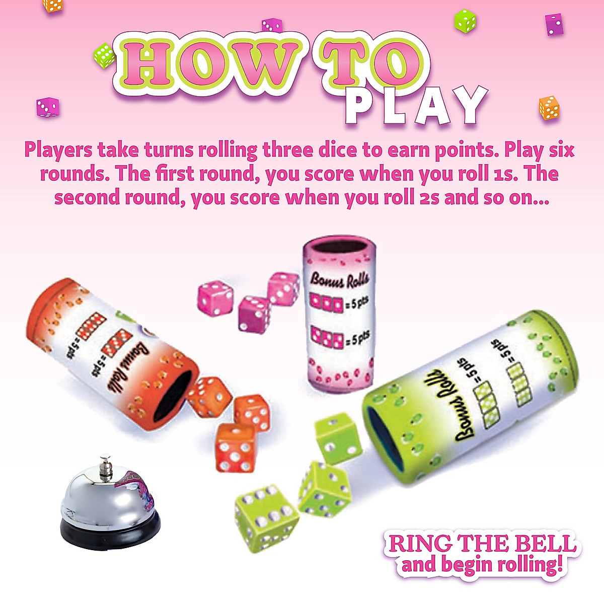 Continuum Games Box of Bunco Game Party Box for Ladies Night with The Girls, Adult Games for 2-12 players with 3 Sets of Bunco Dice, Bell, and Score Pad for Ladies Night Games, Bunco Gifts for Women