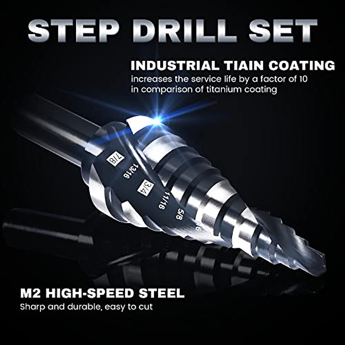 BLEKOO Step Drill Bits, Total 27 Sizes, Double Spiral Fluted 7/8" to 1-3/8" 2 PCS Set for Stainless Steel, Wood, Plastic, M2 HSS, 3/8 Triangle Shank