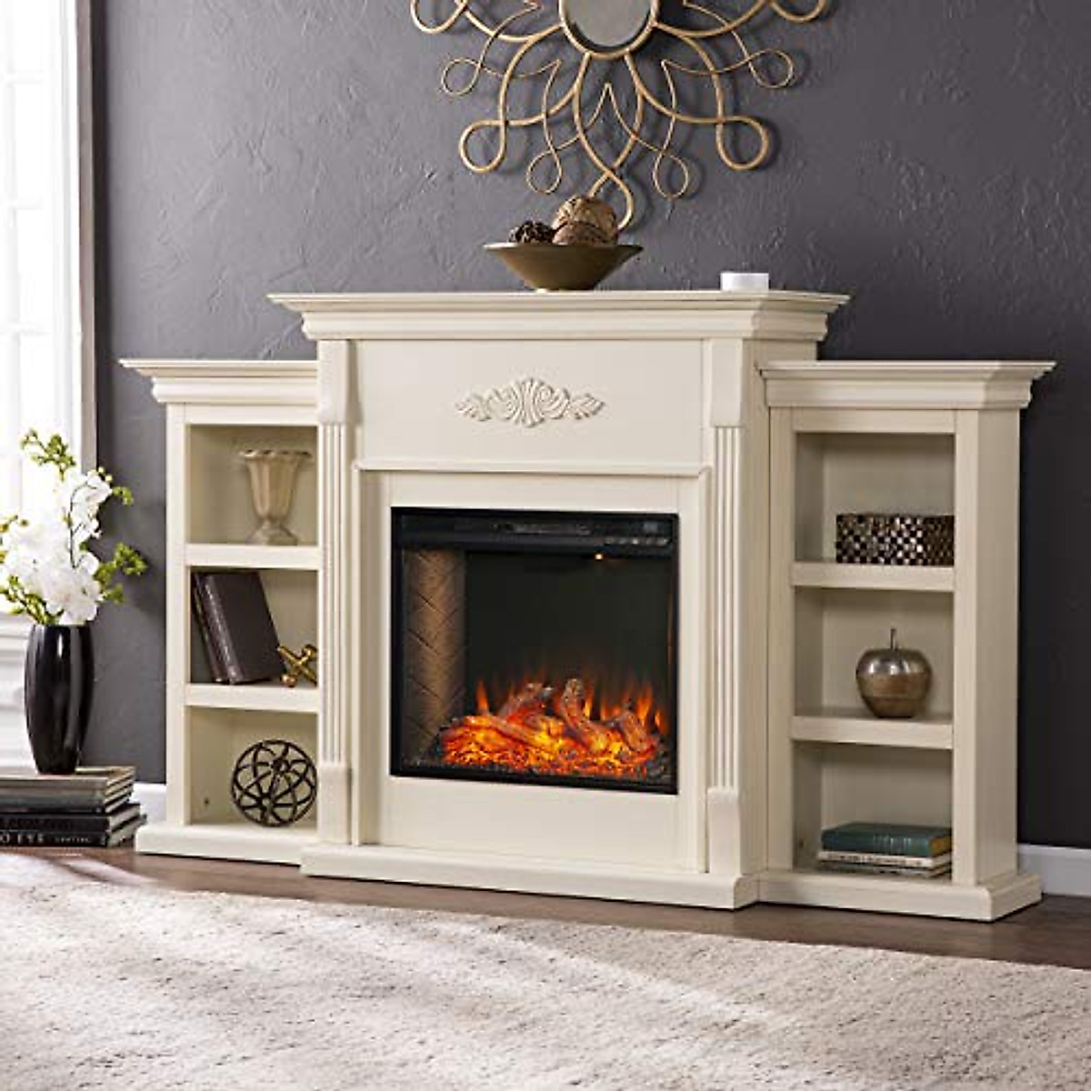 SEI Furniture Tennyson Alexa-Enabled Electric Bookcases Fireplace, Ivory