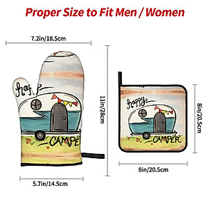 Happy Camper Oven Mitts and Pot Holders Sets of 4,Resistant Hot Pads with Polyester Non-Slip BBQ Gloves for Kitchen,Cooking,Baking,Grilling