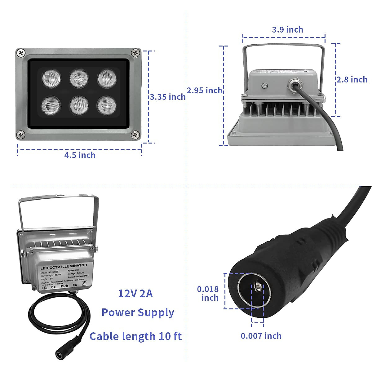 OHWOAI IR Illuminator, 6 LED IR Lights 850nm, Long Range Infrared Light, Outdoor Waterproof Lamp Night Vision, 10ft 12V 2A Power Supply