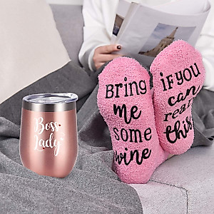 Boss Lady Wine Tumbler Cupcake Wine Socks Set, Bosses Day Christmas Gifts for Women Boss Female Friends Mom, 12 Oz Insulated Stainless Steel WineTumbler with Lid, Socks, Opener, Stopper, Rose Gold