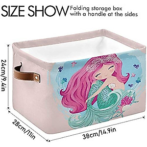 Moudou Mermaid Laundry Basket Square Collapsible Laundry Hamper Clothes Toys Storage Bin with Handles for Bedroom, Closet, Nursery, Dorm, Home Decor
