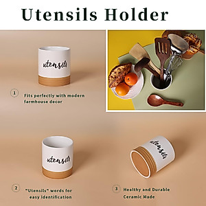 LEETOYI Ceramic Utensil Holder, Utensil Crock for Kitchen Counter, Farmhouse Kitchen Decor, Countertop Utensil Storage Caddy Organizer, Easy to Clean 4.5 inch, White