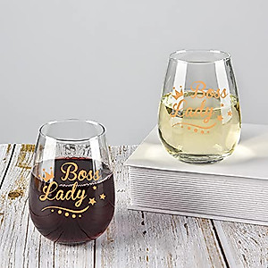 Modwnfy Boss Gifts for Women, Boss Lady Stemless Wine Glass, Boss Female Wine Glass for Boss Lady Women Her Mother Wife Sister Friend, Boss Gifts on Christmas Bosses Day Birthday Farewell, 15 Oz