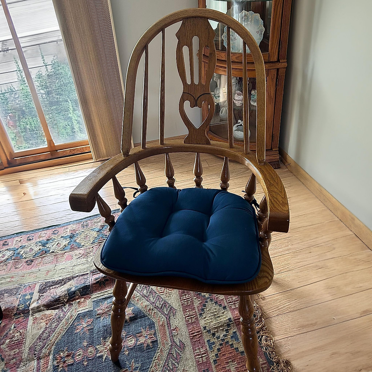 Barnett Home Decor Welted Dining Chair Pad with Ties - Solid Color Cotton Duck - Extra Thick - Reversible, Latex Fill, Tufted Cushion (Navy Blue)